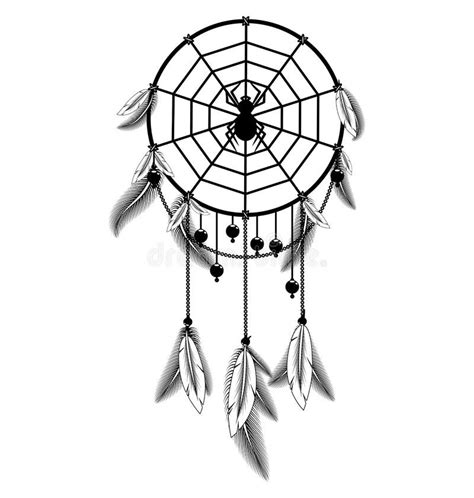 White Black Colored Image Of Dreamcatcher With Feathers And Spider