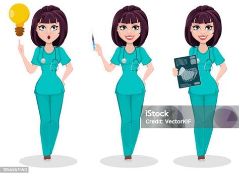 수 의사 여자 3 포즈의 설정입니다 귀여운 만화 캐릭터 전문 여성 수 의사 의사는 좋은 아이디어 보유 주사기 및 보유 하 고 X 선 촬영 흰색 배경에서 벡터 일러스트 레이