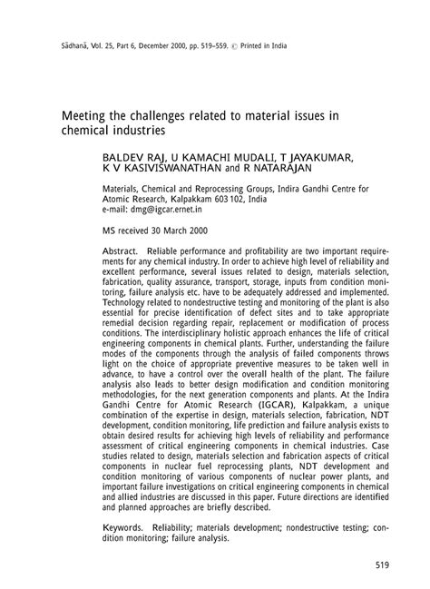 PDF Meeting The Challenges Related To Material Issues In Chemical Industries