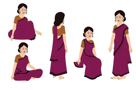 Premium Vector Indian Woman With Purple Saree Cartoon Character Set