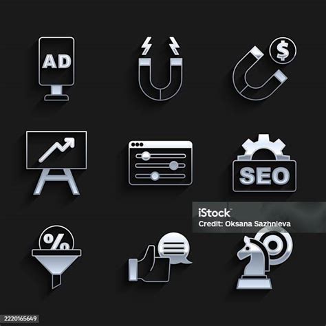 브라우저 설정 고객 제품 등급 체스 Seo 최적화 리드 관리 그래프 차트가 있는 보드 마그넷 머니 및 광고 아이콘을 설정합니다
