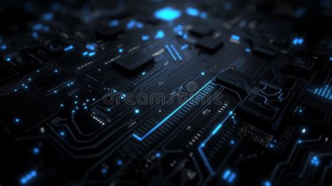 Closeup Of Blue Neon Illuminated Circuit Board In The Dark Stock Illustration Illustration Of