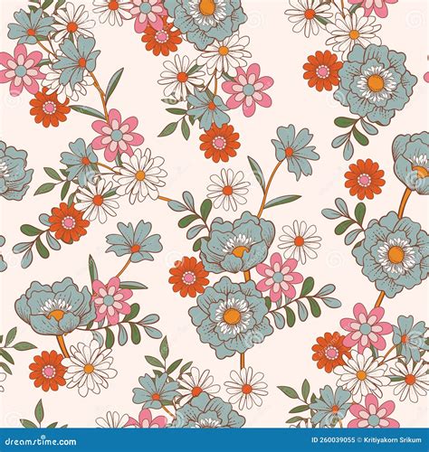 Retro 1970 Groovy Flowersseamless Pattern Hand Drawn Vector