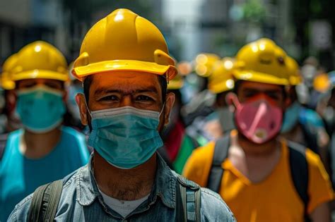Premium Photo A Man Wearing A Yellow Hard Hat And Mask Stands In
