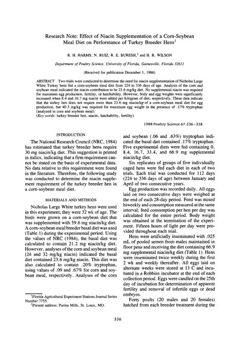 Pdf Effect Of Niacin Supplementation Of A Corn Soybean Meal Diet On Performance Of Turkey