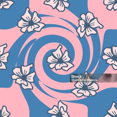 히피 미적 꽃 소용돌이 꽃과 어지러운 패턴 티셔츠 섬유 및 직물을위한 1970 년대 스타일의 Giddy 인쇄 장식과 디자인을위한 낙서 벡터 일러스트레이션 1960 1969