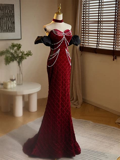 Mermaid Sweetheart Neck Velvet Burgundy Long Prom Dress With Beads Toptby