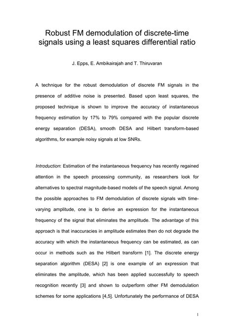 Pdf Robust Fm Demodulation Of Discrete Time Signals Using Least