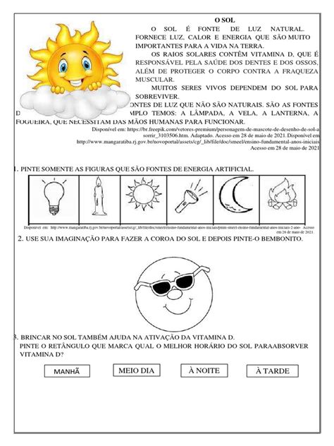 Atividade 11 3o Ano Ciencias Tema Sol Como Fonte De Luz Professor