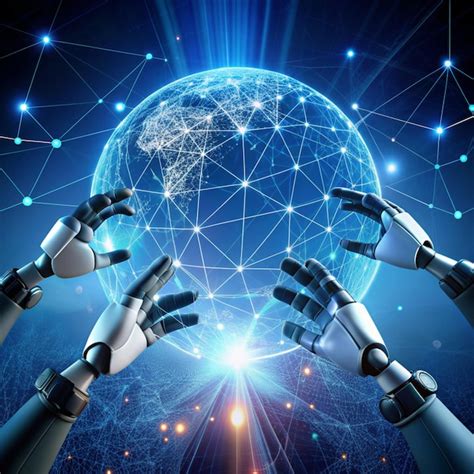 Metaverse Technology Blockchain And Data Hands Of Robots Touching Network Connection On Global