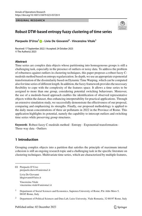 PDF Robust DTW Based Entropy Fuzzy Clustering Of Time Series