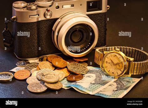 Travel Essentials Money Camera And Watch Stock Photo Alamy
