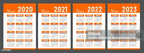 2020年2021年2022年和2023年日曆英語顏色向量集周從周日開始垂直日曆設計範本設計系列向量圖形及更多2021圖片 Istock