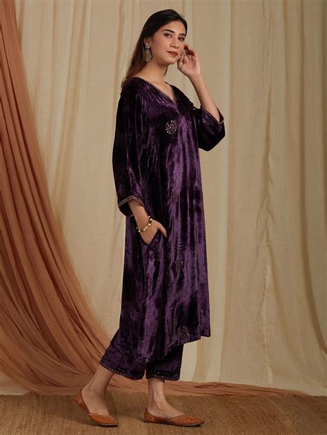 Buy Purple Zardozi Hand Embroidered Velvet A Line Kurta AGF AV JAN The Loom