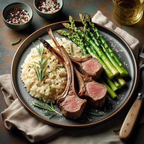 Plate Of Lamb Chops Risotto With Asparagus Premium Ai Generated Image