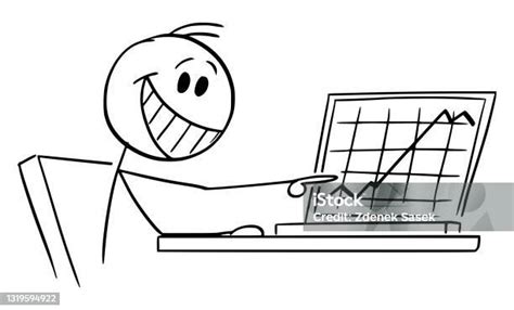 행복 성공적인 사업가 또는 컴퓨터에 금융 그래프를 제기 보여주는 투자자 벡터 만화 스틱 그림 일러스트 드로잉에 대한 스톡 벡터 아트 및 기타 이미지 Istock