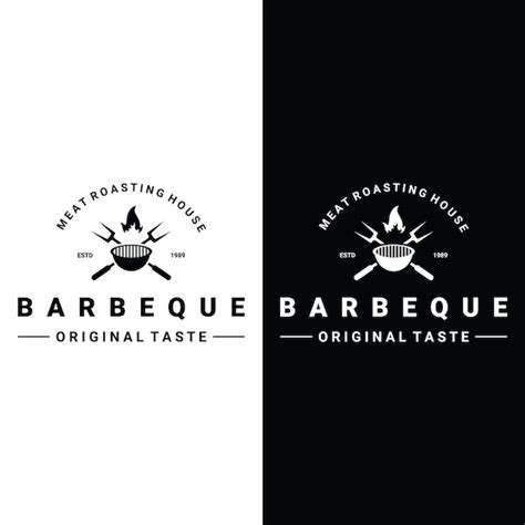 레스토랑 카페 및 바를 위한 교차 화재 및 주걱 로고가 있는 구운 바베큐 인쇄술 로고 디자인 프리미엄 벡터