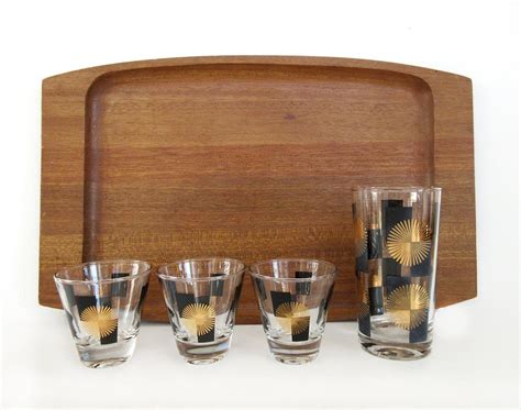 Vintage Mcm Gold Starburst Black Blocks Glass Tumbler Highball Double