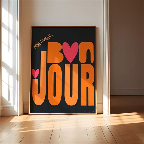 Bonjour Mon Amour Print French Typography Wall Art Preppy Room Decor