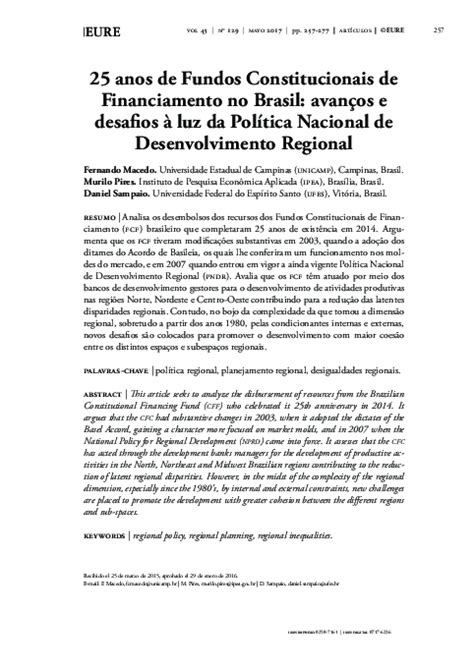 Pdf 25 Anos De Fundos Constitucionais De Financiamento No Brasil