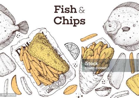 피시 앤 칩스 스케치 벡터 일러스트레이션 영국 술집 음식 손으로 그린 스케치 생선과 칩을 요리 손으로 그린 빈티지 이미지 메뉴 디자인 템플릿입니다 감자 칩에 대한 스톡 벡터