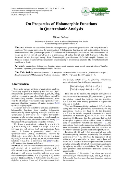 pdf on properties of holomorphic functions in quaternionic analysis
