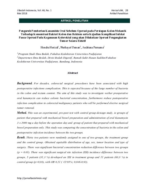 Pdf Pengaruh Pemberian Kanamisin Oral Sebelum Operasi Pada Persiapan Kolon Mekanik Terhadap