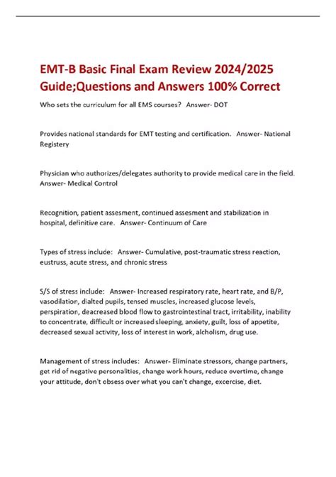 EMT B Basic Final Exam Review Guide Questions And Answers Correct EMT B Basic