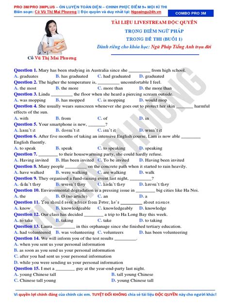 Ngay 1972023 Trong Diem Ngu Phap Trong De Thi Buoi 1 Pdf Vietnam
