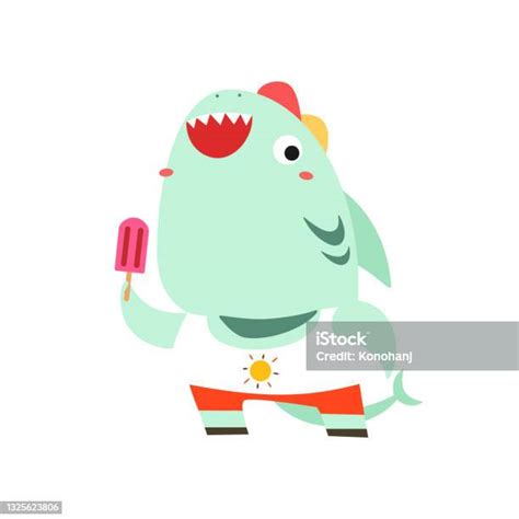 고립 된 평면 벡터 일러스트를 장식 하는 아이 들에 대 한 아이스크림 만화 캐릭터와 귀여운 행복 한 상어 안녕하세요 여름