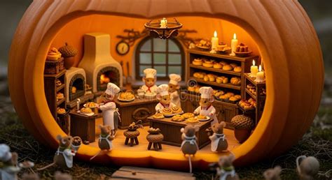 Miniature Mouse Bakery Inside A Pumpkin Featuring Tiny Chefs And Baked