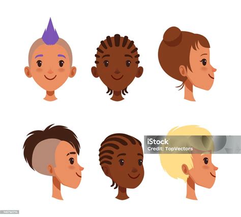 귀여운 소녀와 소년 머리 다른 각도에서 보기 만화 벡터 일러스트 레이 션 설정 감정에 대한 스톡 벡터 아트 및 기타 이미지 감정 귀여운 금발 머리 Istock