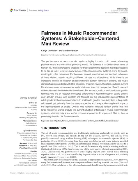 Pdf Fairness In Music Recommender Systems A Stakeholder Centered Mini Review