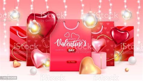 해피 발렌타인 데이 타이포그래피 포스터에는 3d 사랑의 하트와 종이 봉지가 있습니다 벡터 그림 2월에 대한 스톡 벡터 아트 및 기타 이미지 Istock