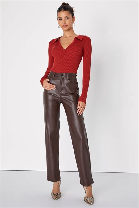 Rust Red Sweater Top Ribbed Sweater Top Collared Sweater Top Lulus