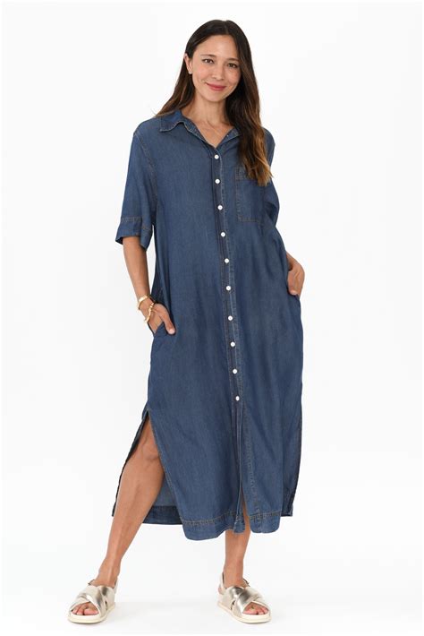 Emmy Dark Blue Denim Shirt Dress Blue Bungalow Au