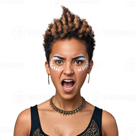 Young Biracial Woman With Curly Mohawk And Tribal Face Paint Plain Face