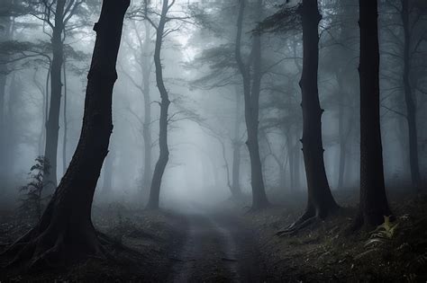 Premium Photo Spooky Foggy Forest Trail Dark Trees In Silhouettes