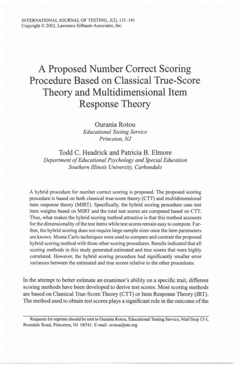 (PDF) A Proposed Number Correct Scoring Procedure Based on Classical True-Score Theory and ...