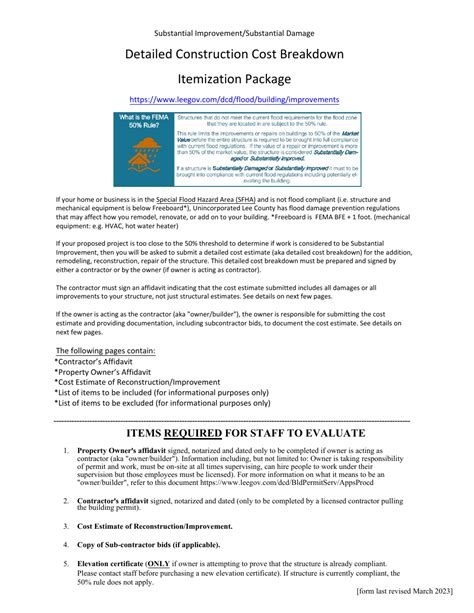 Lee County Florida Detailed Construction Cost Breakdown Itemization