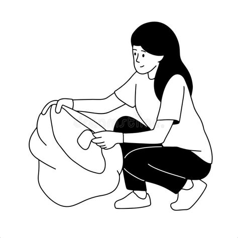 A Woman Picking Up Trash Vector Handrawing Illustration Stock Vector