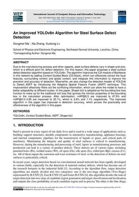 Pdf An Improved Yolov8n Algorithm For Steel Surface Defect Detection