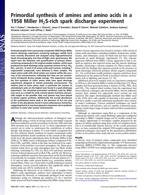 Primordial Synthesis Of Amines And Amino Acids In A 1958 Miller H2 S