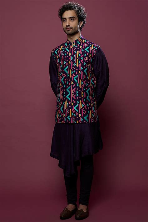 Purple Asymmetric Kurta Set With Nehru Jacket By Aces By Arjun Agarwal