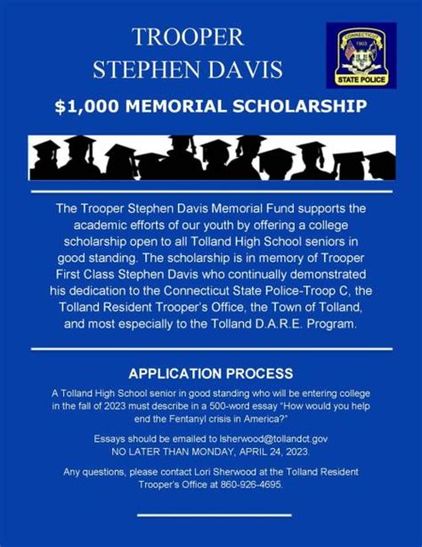 Trooper Stephen Davis 1000 Memorial Scholarship Town Of Tolland Ct