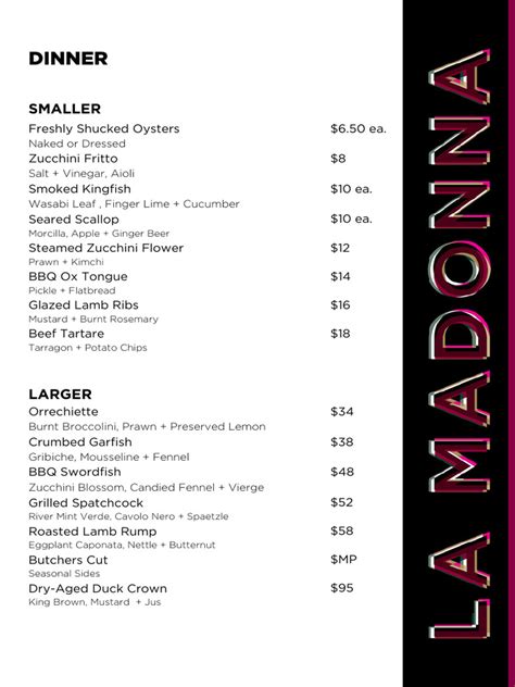 La Madonna Restaurant Dinner Menu Pdf