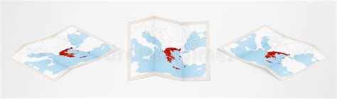 Folded Map Of Greece In Three Different Versions Stock Vector