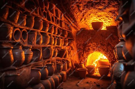 Premium Ai Image Closeup Of Clay Pottery Inside A Glowing Kiln