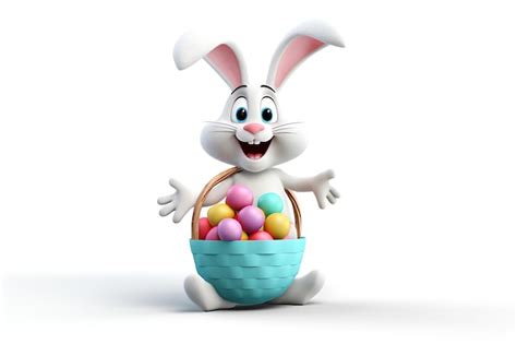 Premium Photo Cartoon Easter Bunny With A Basket Full Of Eggs