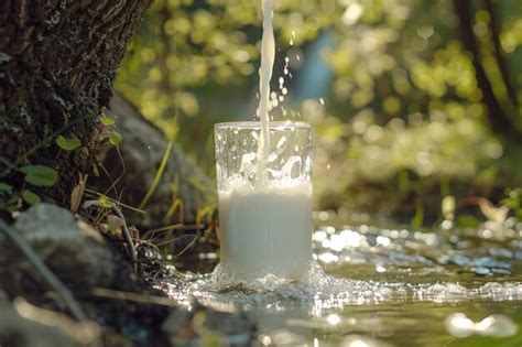 Premium Photo Pouring Milk In The Glass On The Background Of Nature